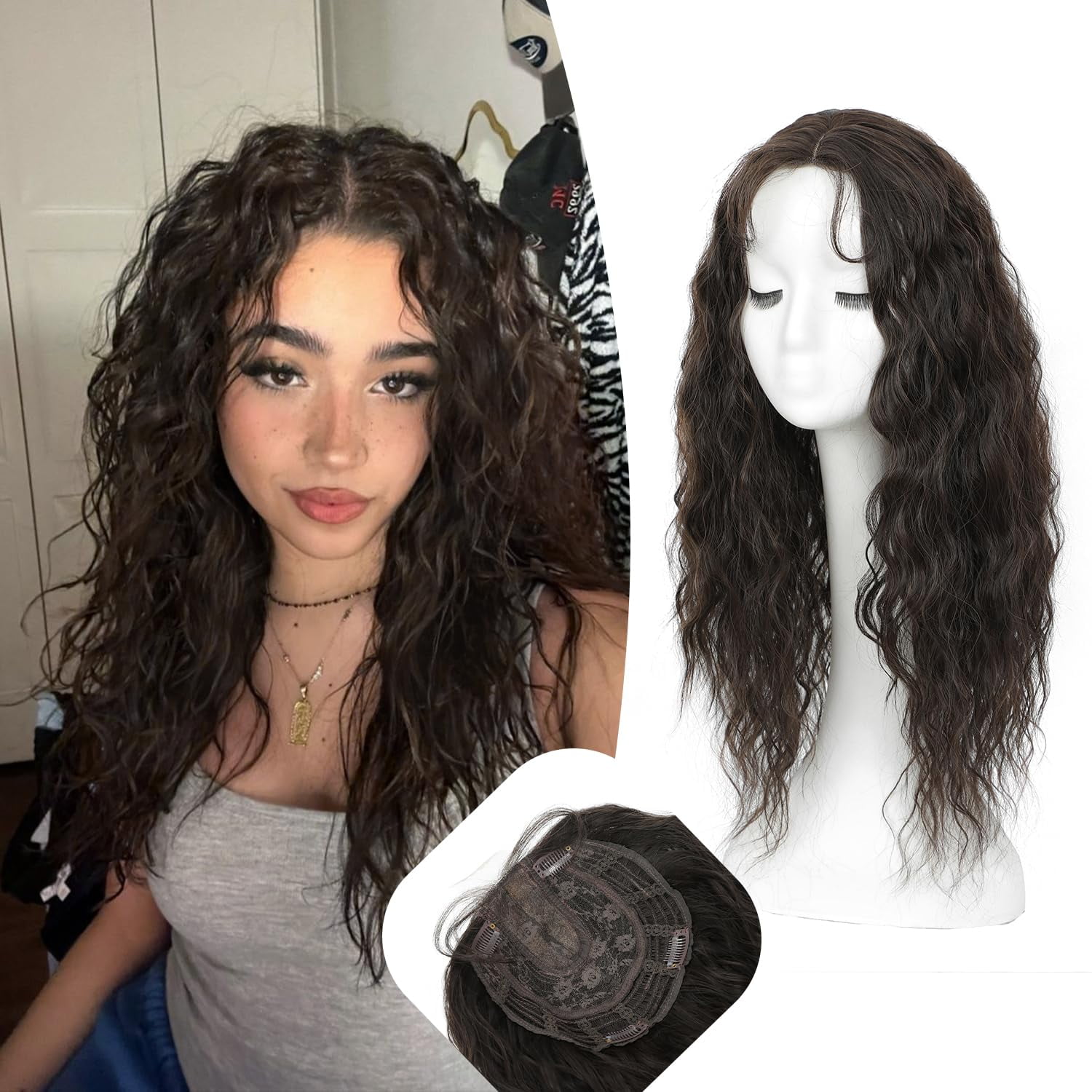 Curly Hair Topper 20inch Natural Curly Hair Toppers for Women with ...