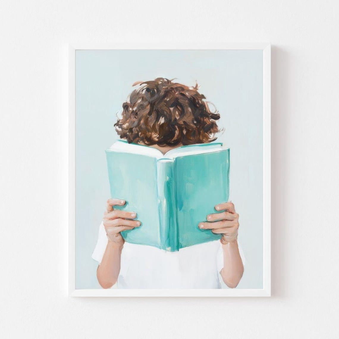 Curly Haired Boy Reading Blue Book Painting Pastel Book Nook Wall Art ...