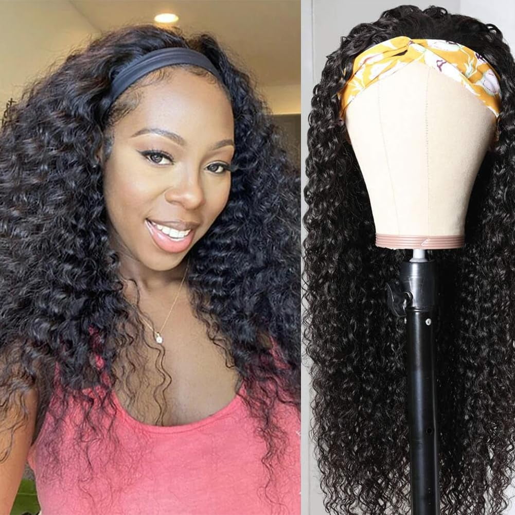 Curly Headband Wig Human Hair Glueless Machine Made Natural Color 180% ...