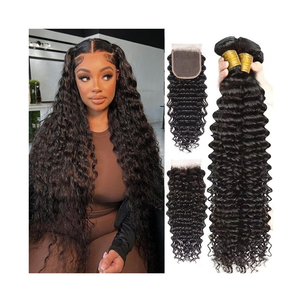 Curly Human Hair Bundles with Closure Deep Wave Bundles with 4x4 Lace ...