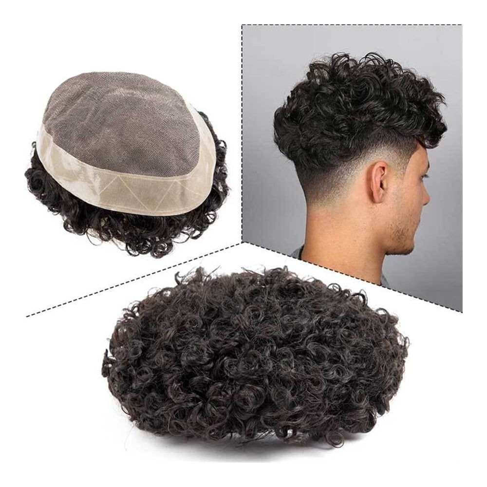Curly Human Hair Toupee for Men, Breathable Male Hair Prosthesis Mono ...