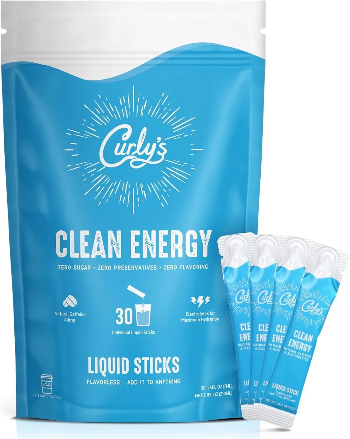 Curly’s Clean Energy Caffeine + Electrolyte Liquid Sticks, Flavorless ...