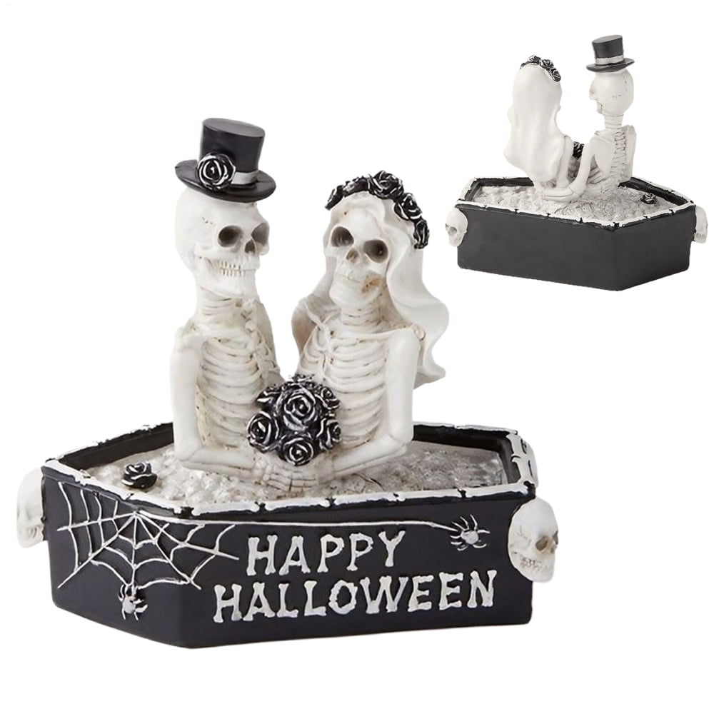 Curpgiee Skull Decor Halloween Skeleton Coffin Couple Figurine Resin ...