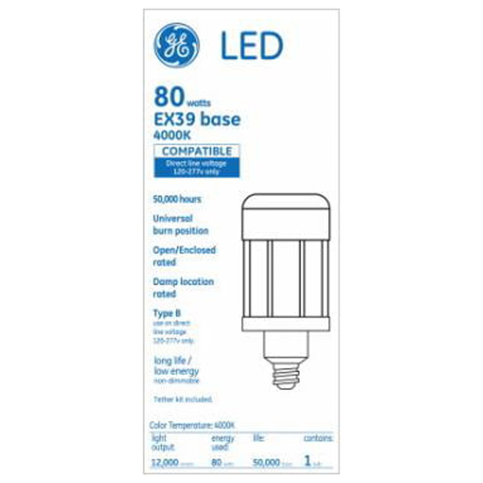 GE 22635 LED HID Lamp, ED23.5 Shape, Mogul Base, 12000 Lumens, 80 Watt ...