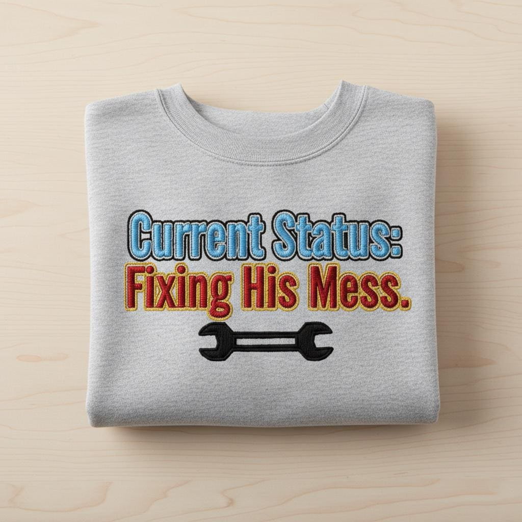 Current Status Fixing His Mess Embroidered Sweatshirt, Funny Wife Gift ...