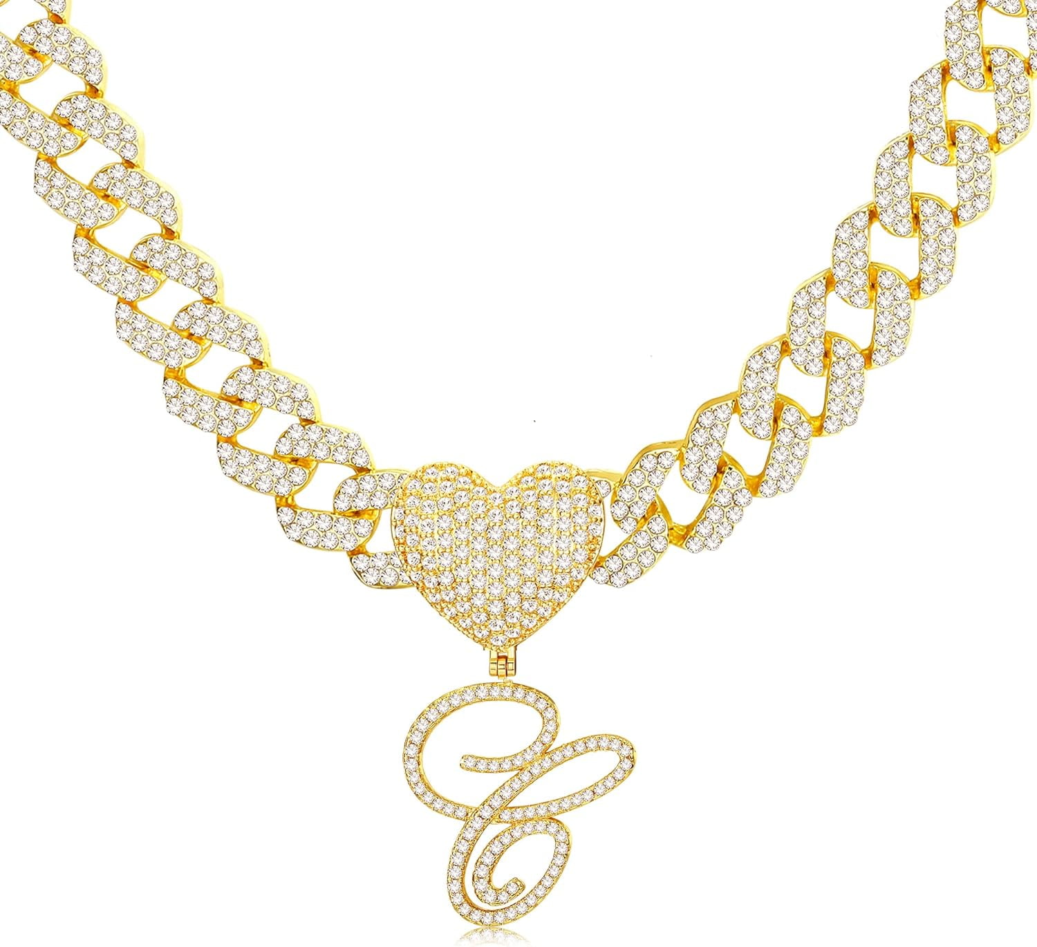 Cursive Gold Initial Pendant Necklace Iced Out Miami Cuban Link Chain ...