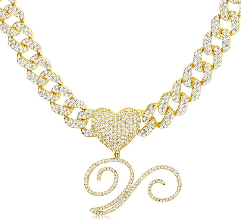 Cursive Gold Initial Pendant Necklace Iced Out Miami Cuban Link Chain ...
