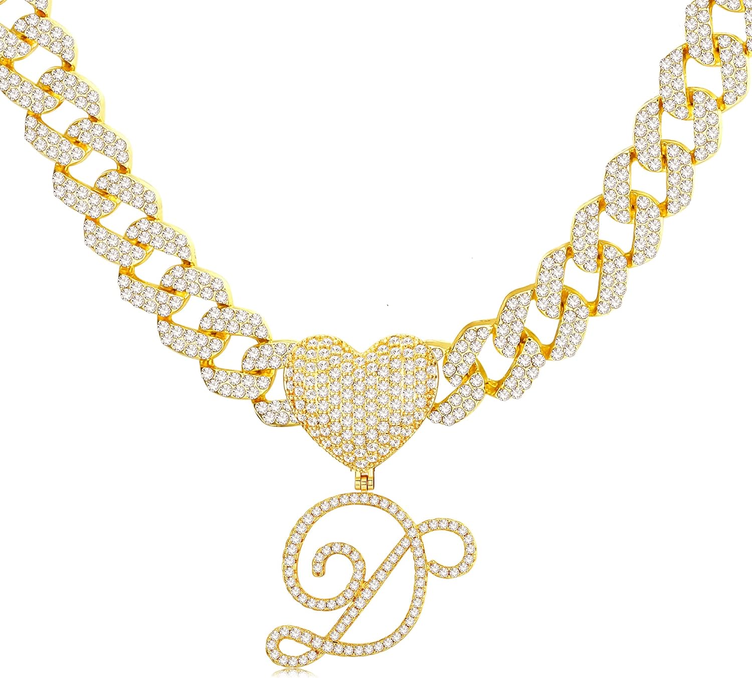 Cursive Gold Initial Pendant Necklace Iced Out Miami Cuban Link Chain ...