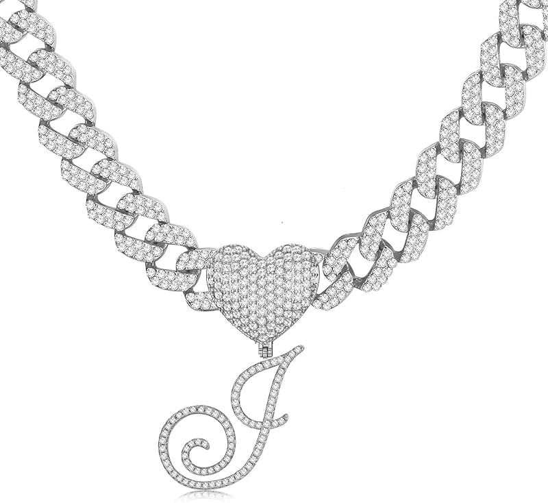 Cursive Gold Initial Pendant Necklace Iced Out Miami Cuban Link Chain ...
