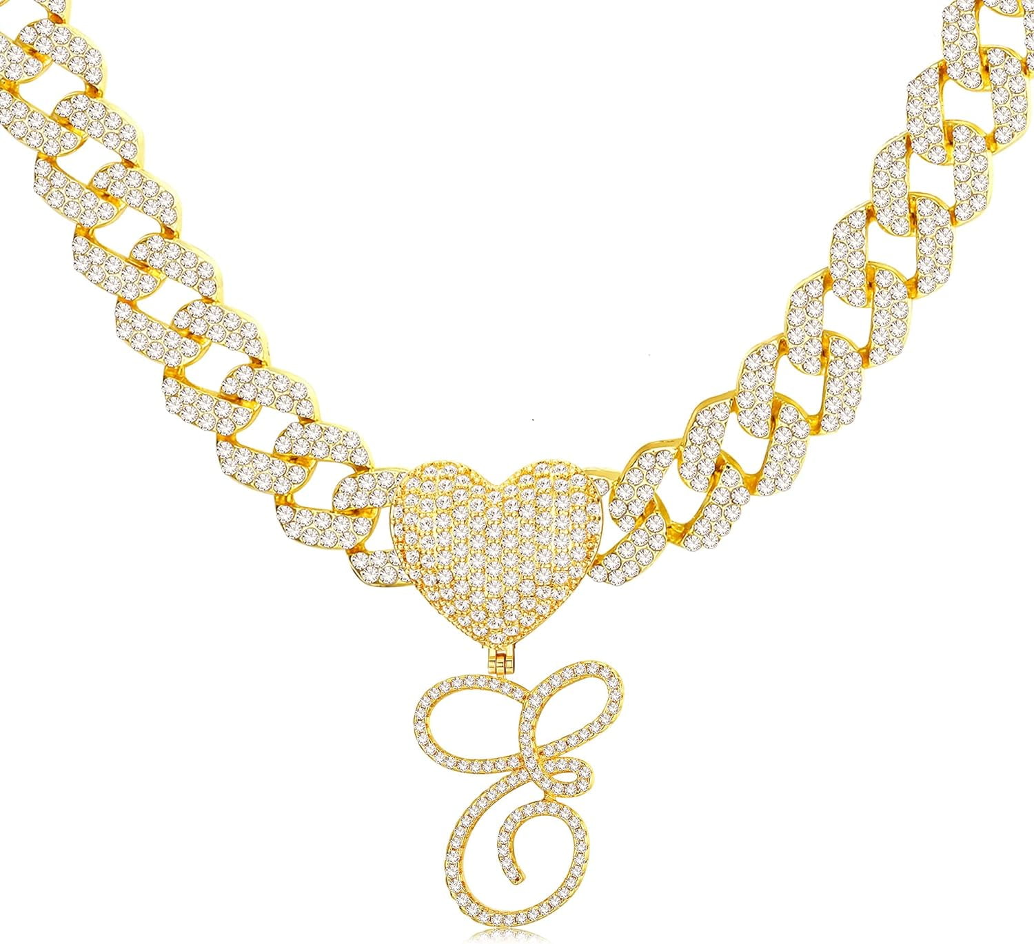 Cursive Gold Initial Pendant Necklace Iced Out Miami Cuban Link Chain ...