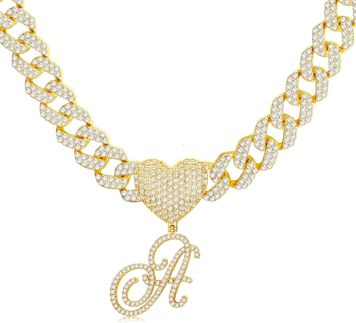 Cursive Gold Initial Pendant Necklace Iced Out Miami Cuban Link Chain ...