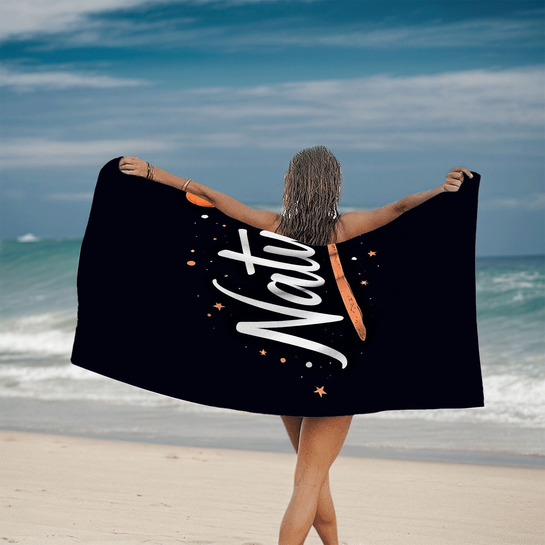 Cursive ' Nature ' Design Beach Towel with Orange Stars & Moon Navy ...