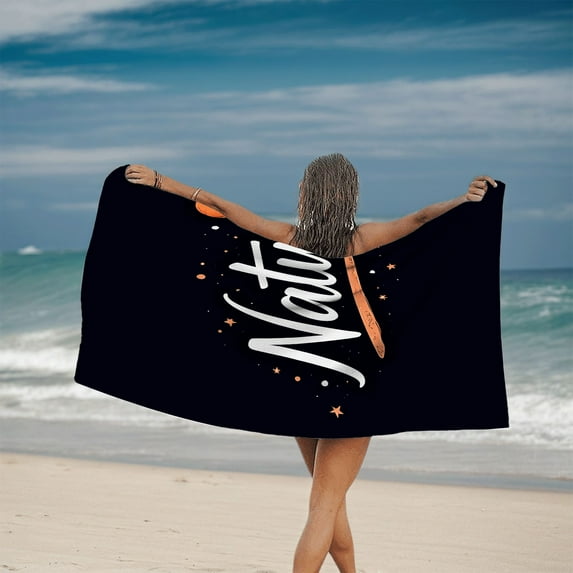 Cursive ' Nature ' Design Beach Towel with Orange Stars & Moon Navy ...