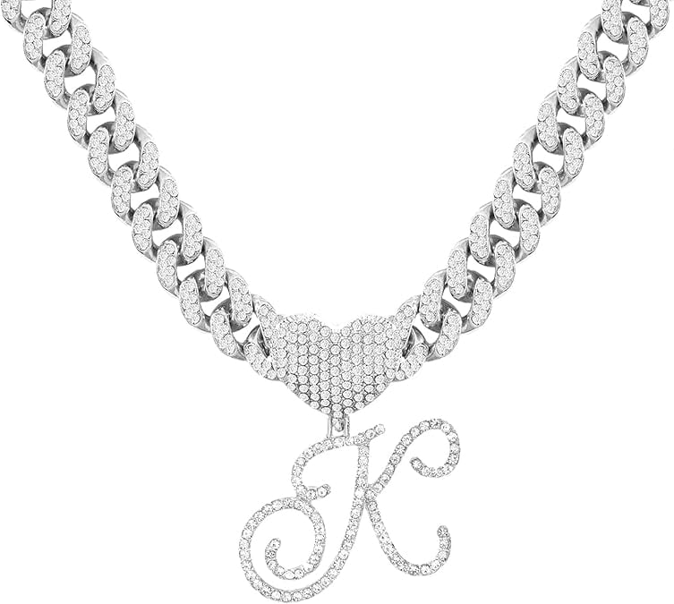 Cursive Silver Initial Pendant Necklaces Alphabet Pendant Miami Cuban ...