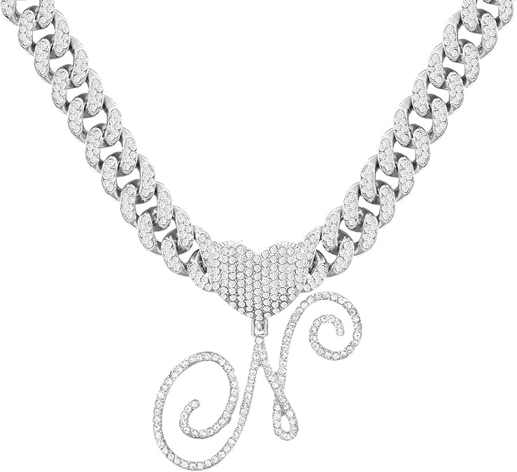 Cursive Silver Initial Pendant Necklaces Alphabet Pendant Miami Cuban ...