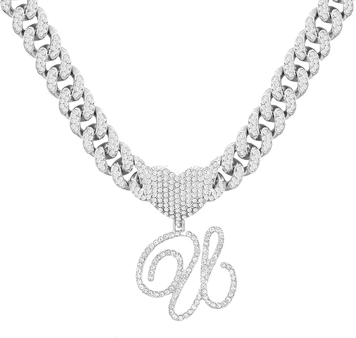 Cursive Silver Initial Pendant Necklaces Alphabet Pendant Miami Cuban ...