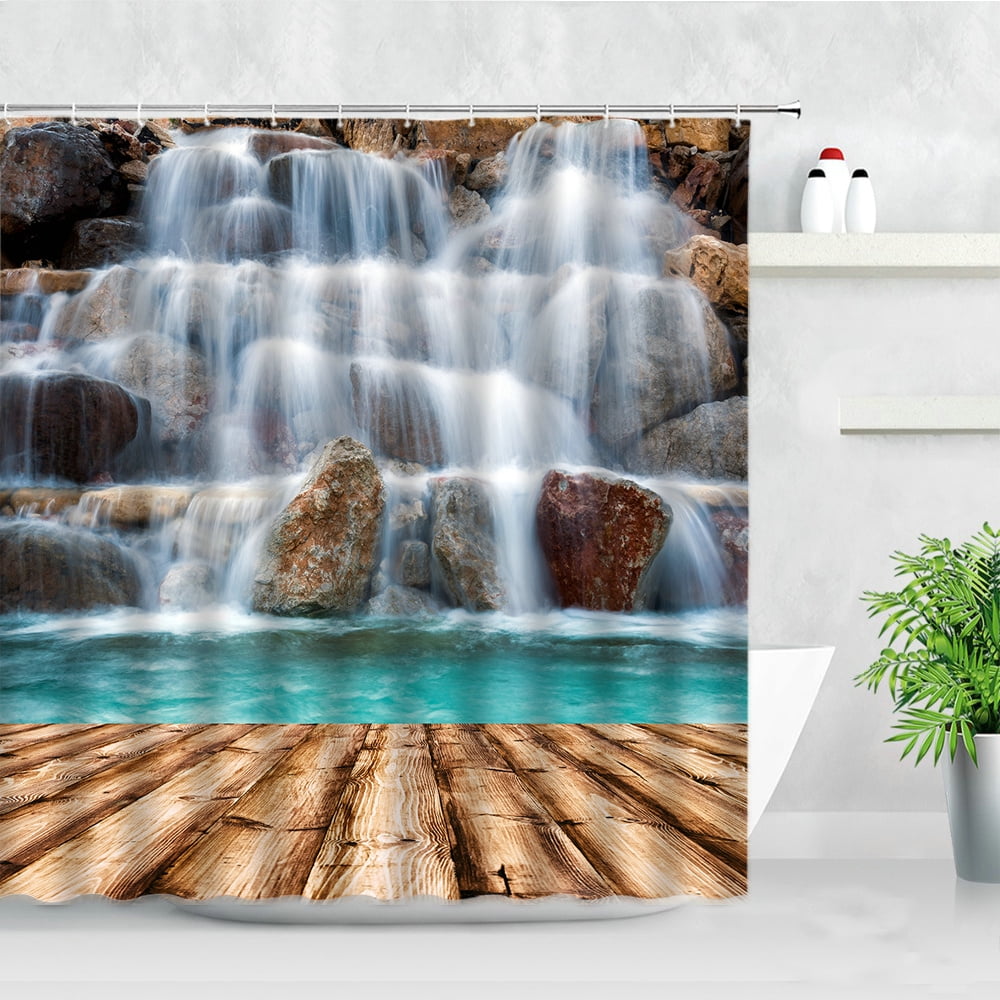 Curtain Bath Decor Bathroom Home Landscape Waterfall Maple Red Plants ...