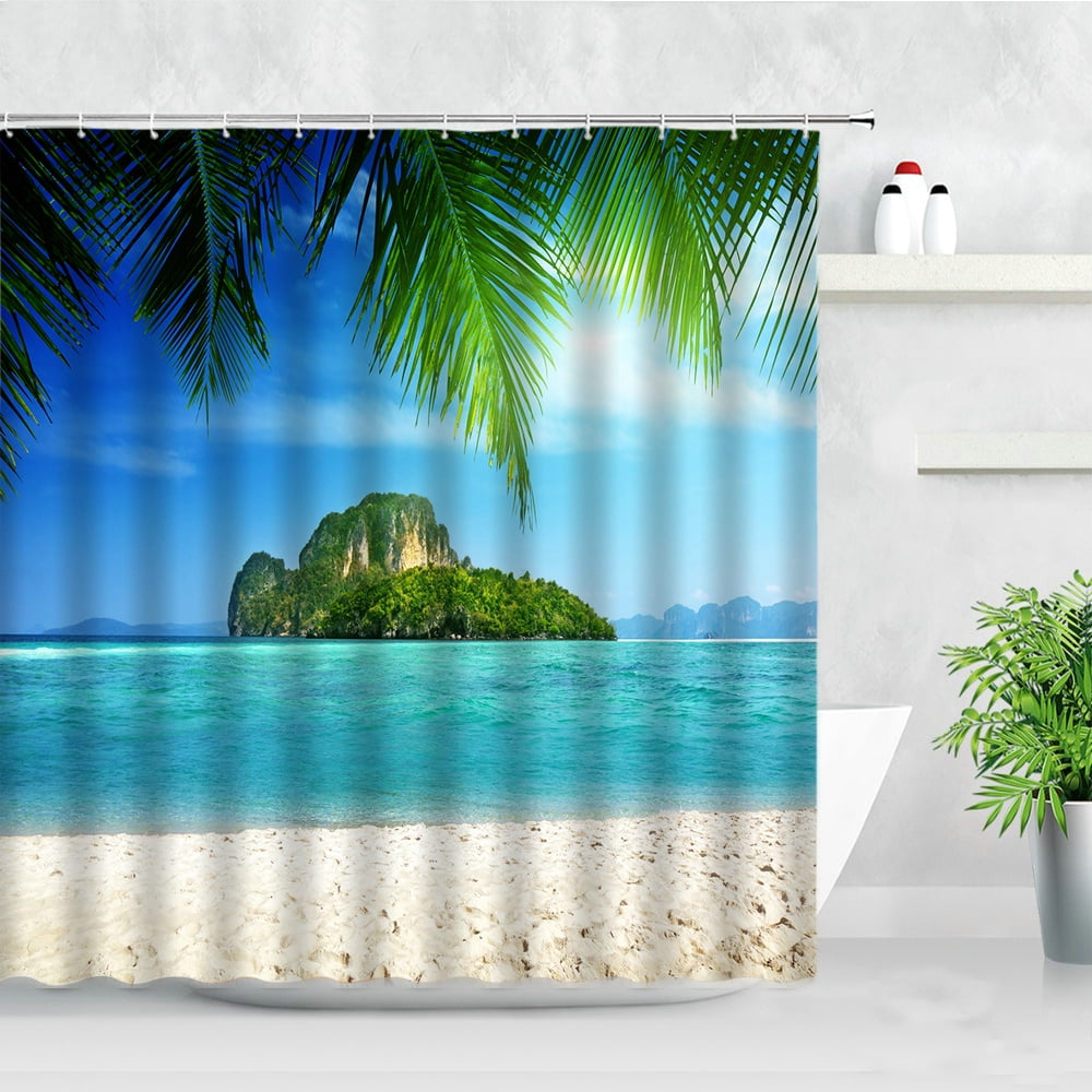 Curtain Decor Bathroom Scenery Resort House Grass Tree Coconut Plants ...