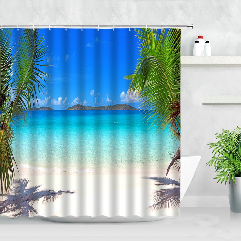 Curtain Decor Bathroom Scenery Resort House Grass Tree Coconut Plants ...