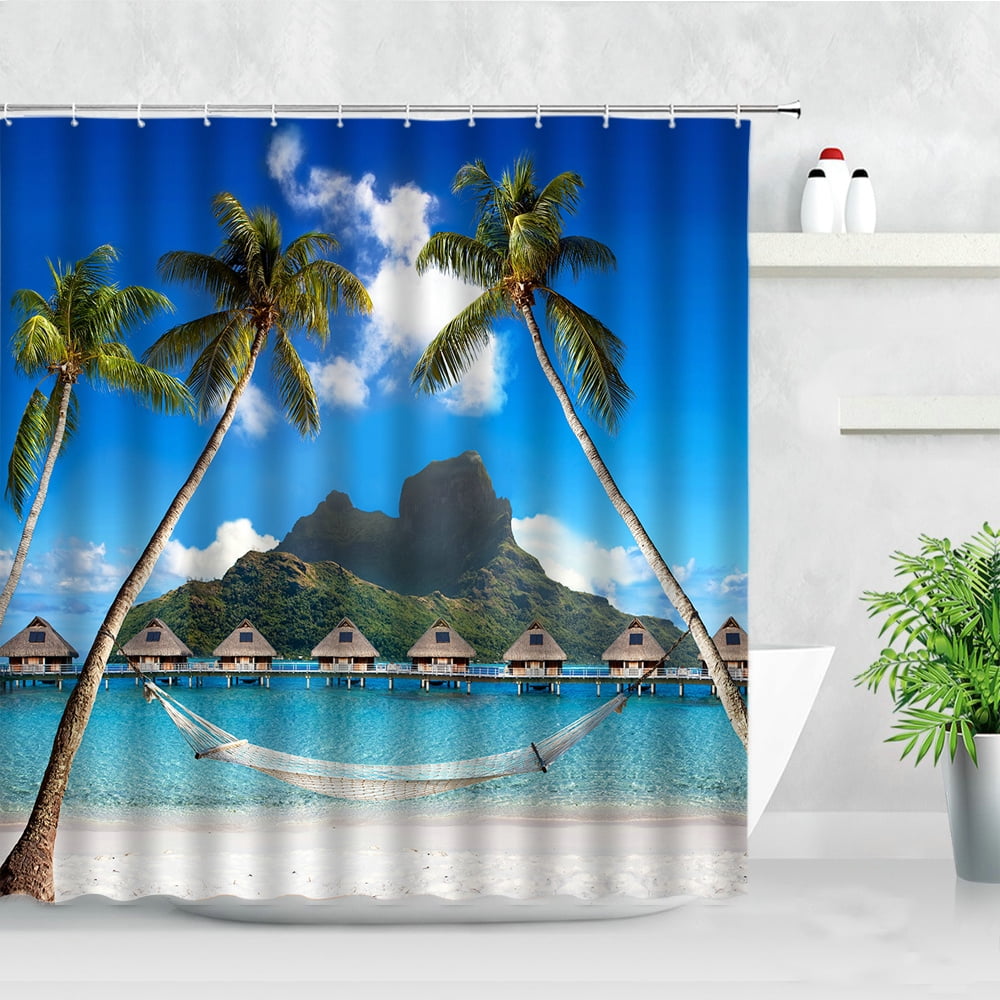 Curtain Decor Bathroom Scenery Resort House Grass Tree Coconut Plants ...