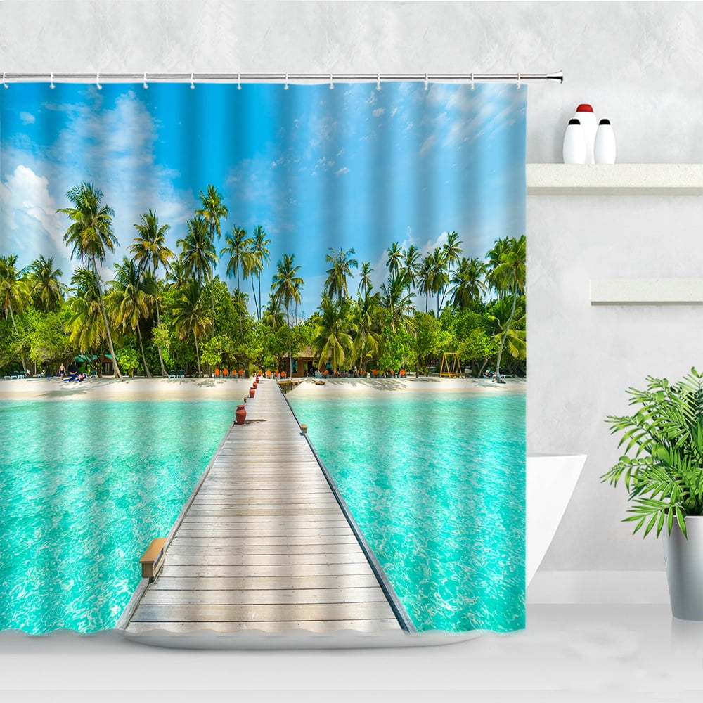 Curtain Decor Bathroom Scenery Resort House Grass Tree Coconut Plants ...