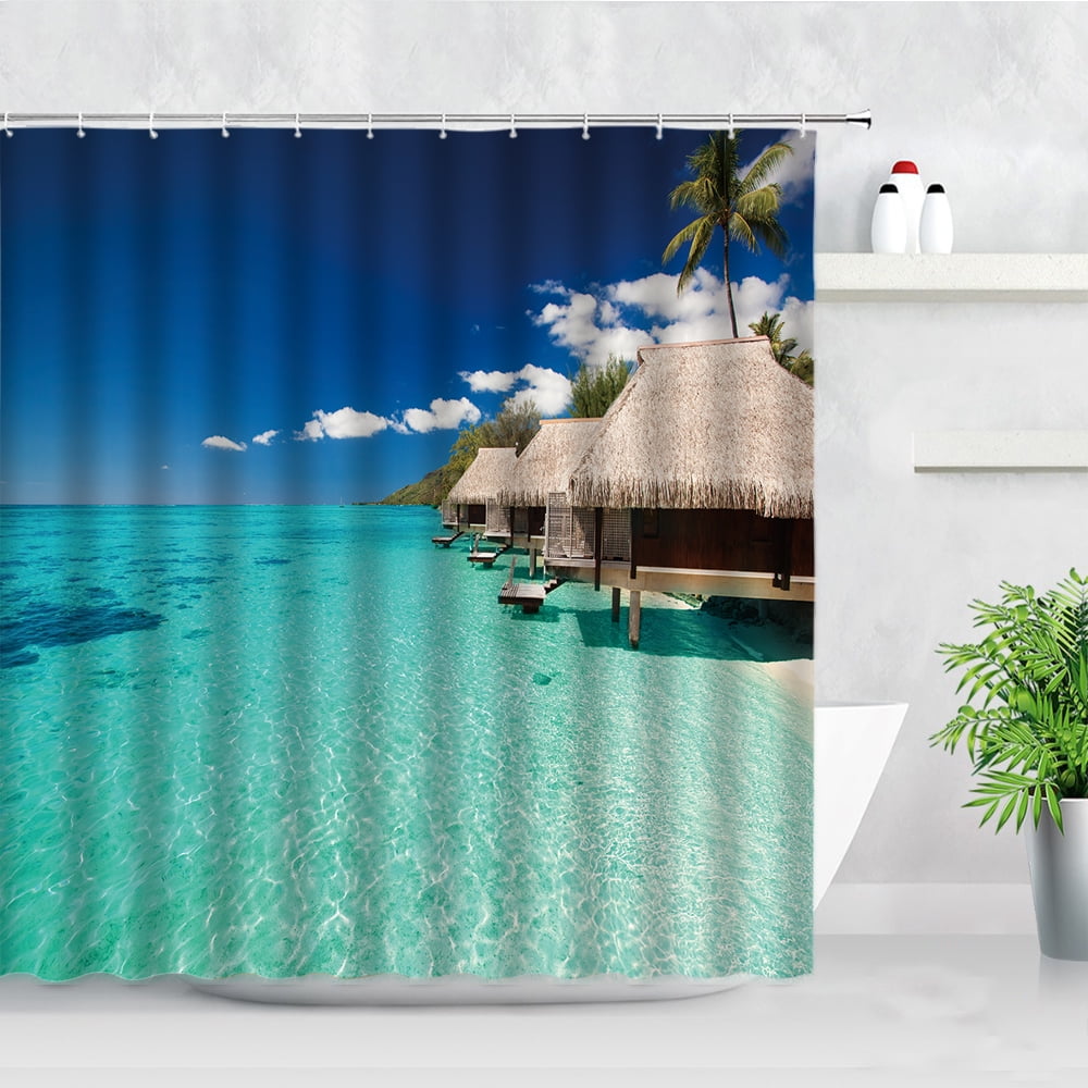 Curtain Decor Bathroom Scenery Resort House Grass Tree Coconut Plants ...