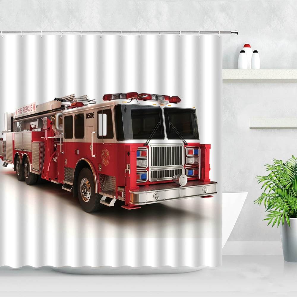 Curtain Decor Bathroom Screen Fabric Truck Fire Red Sports Waterproof ...