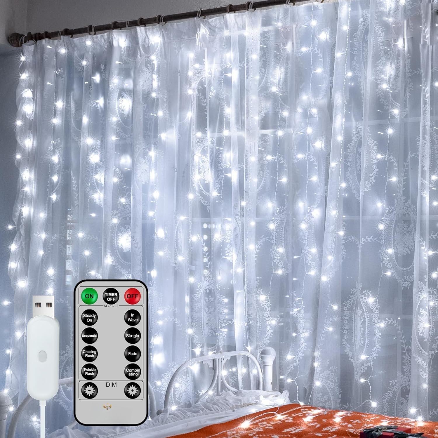 Curtain Lights 6.6x6.6ft, 200 White Christmas Lights with Remote 8 ...