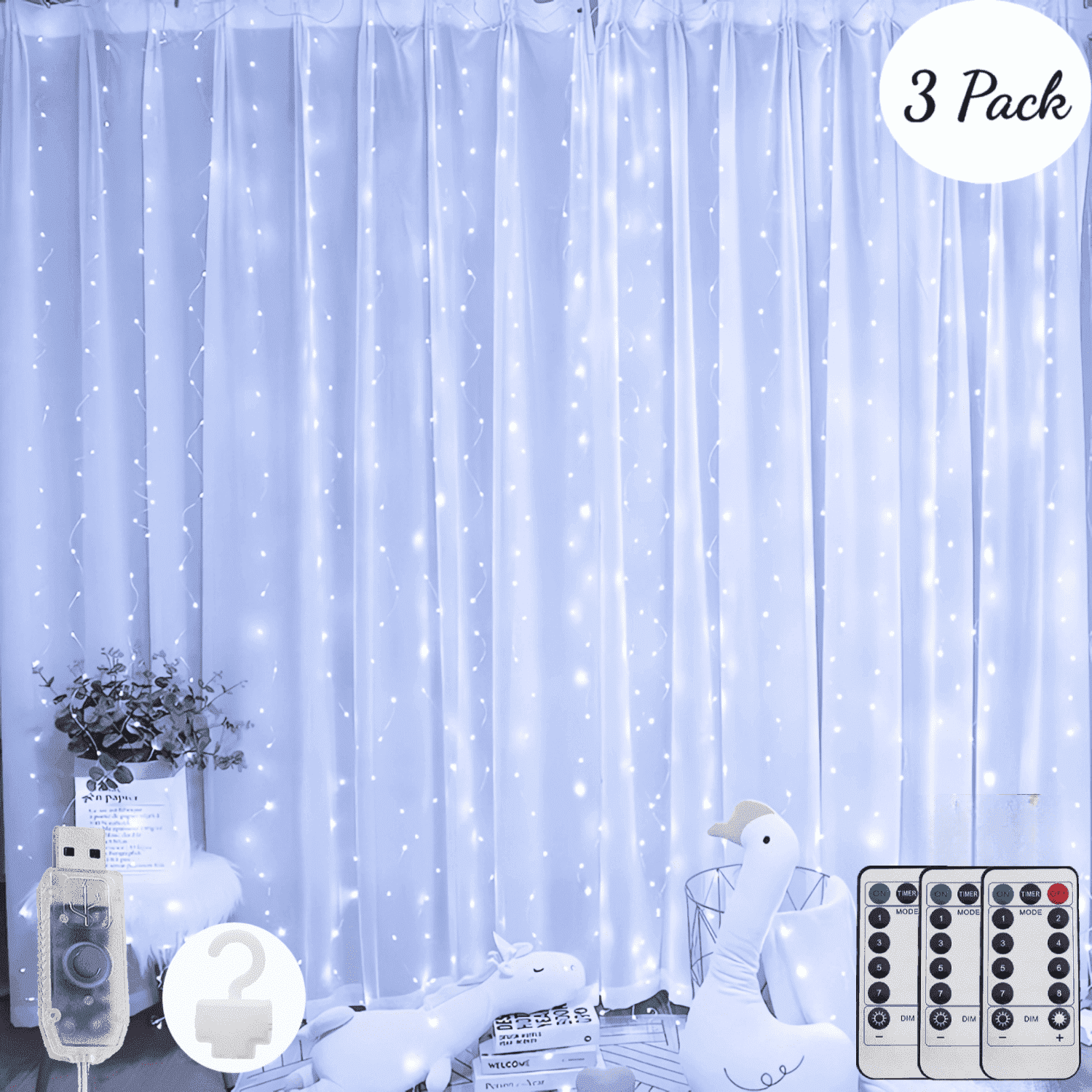 3 Pack 900 LED Curtain Lights,8 Modes Remote Control Fairy Light ...