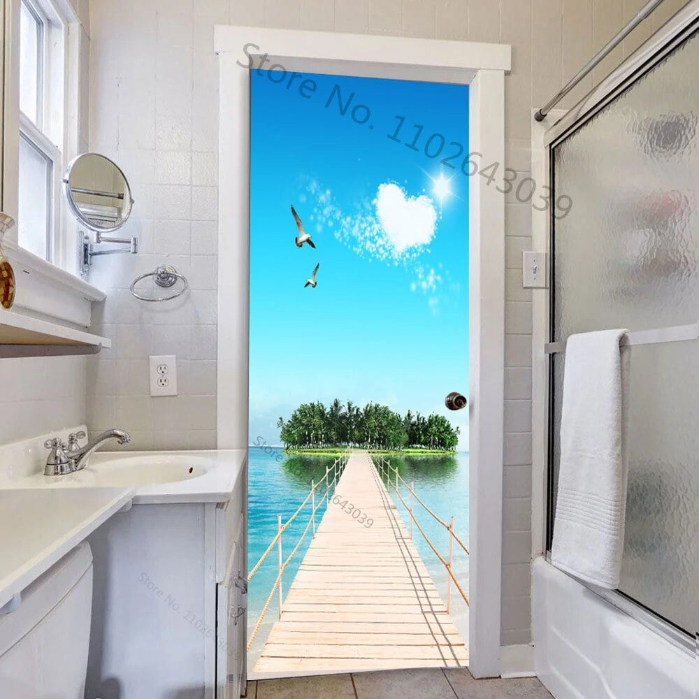 Curtain Outside Sea Door Stickers Beach Adhesive Mural Decoration ...