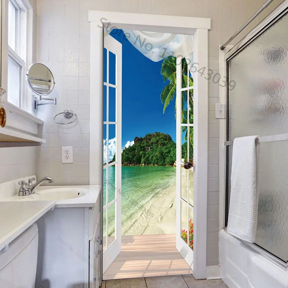 Curtain Outside Sea Door Stickers Beach Adhesive Mural Decoration ...