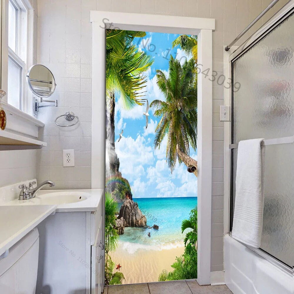 Curtain Outside Sea Door Stickers Beach Adhesive Mural Decoration ...