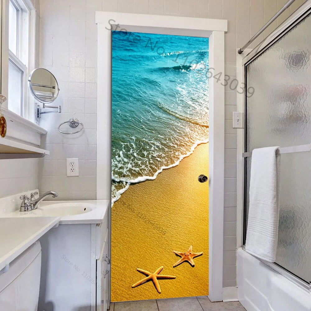 Curtain Outside Sea Door Stickers Beach Adhesive Mural Decoration ...