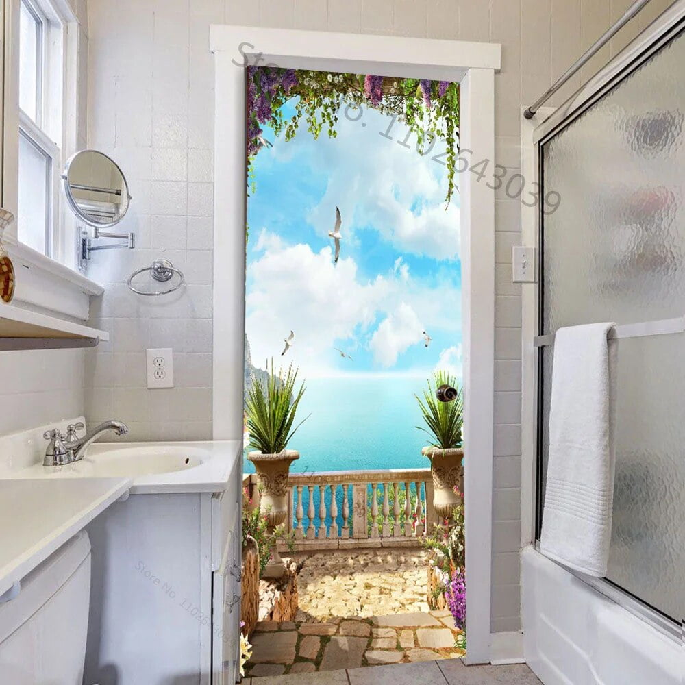 Curtain Outside Sea Door Stickers Beach Adhesive Mural Decoration ...