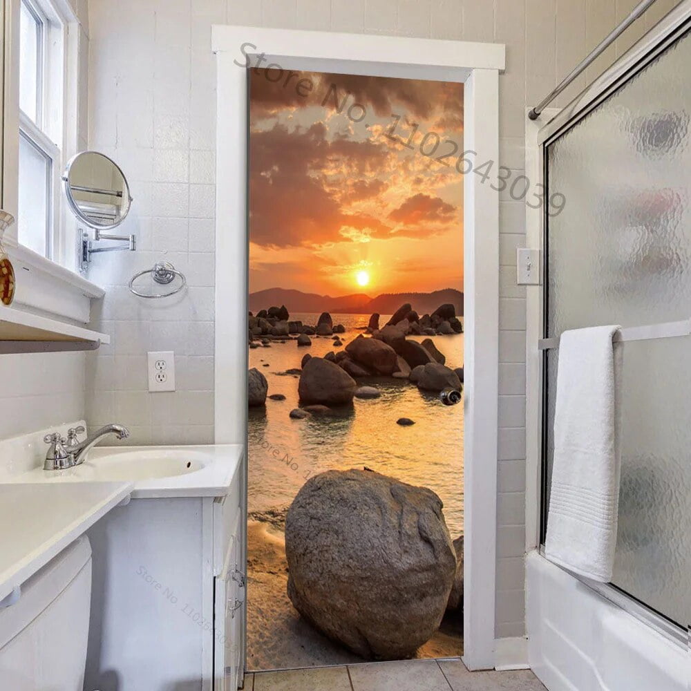 Curtain Outside Sea Door Stickers Beach Adhesive Mural Decoration ...