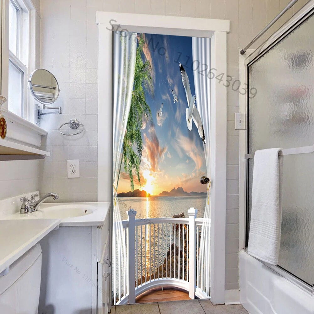 Curtain Outside Sea Door Stickers Beach Adhesive Mural Decoration ...
