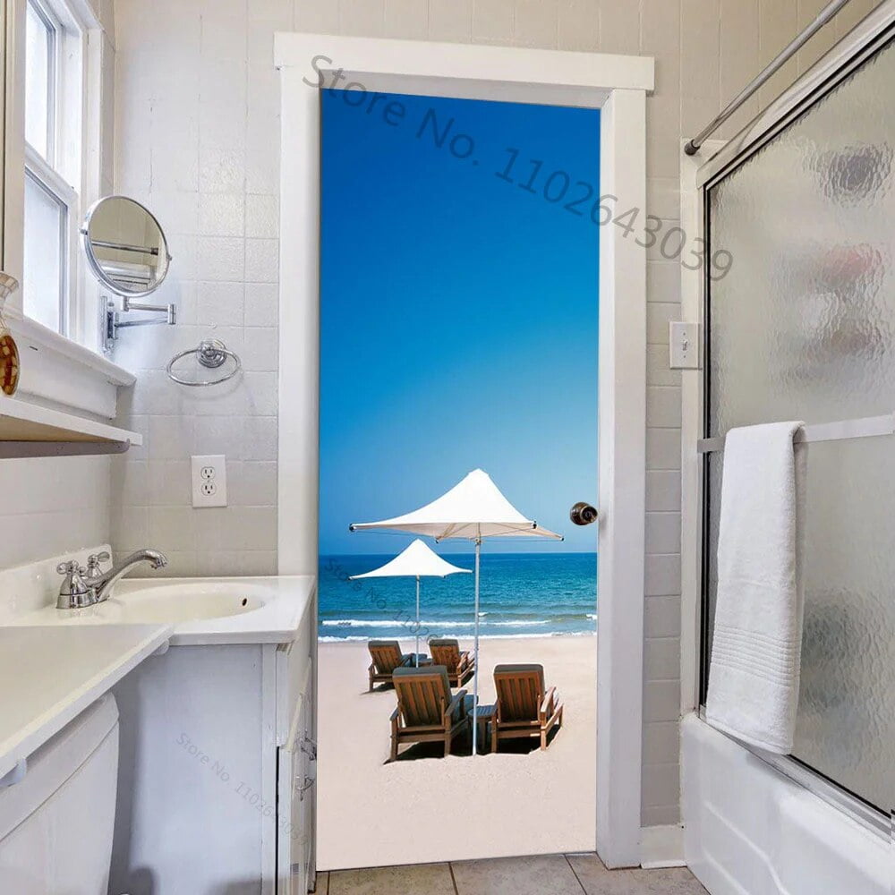 Curtain Outside Sea Door Stickers Beach Adhesive Mural Decoration ...