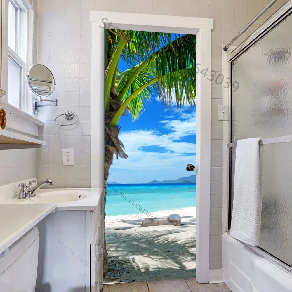 Curtain Outside Sea Door Stickers Beach Adhesive Mural Decoration ...