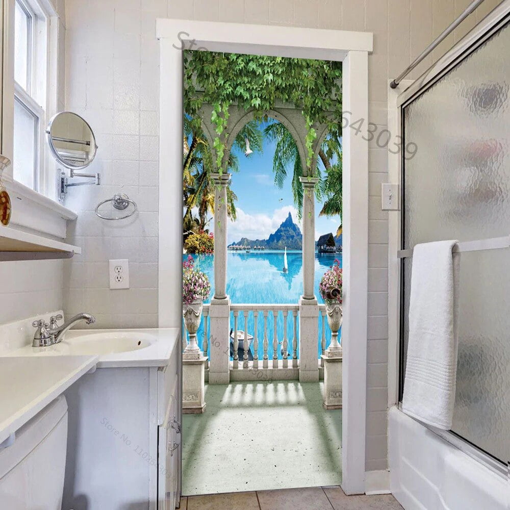 Curtain Outside Sea Door Stickers Beach Adhesive Mural Decoration ...