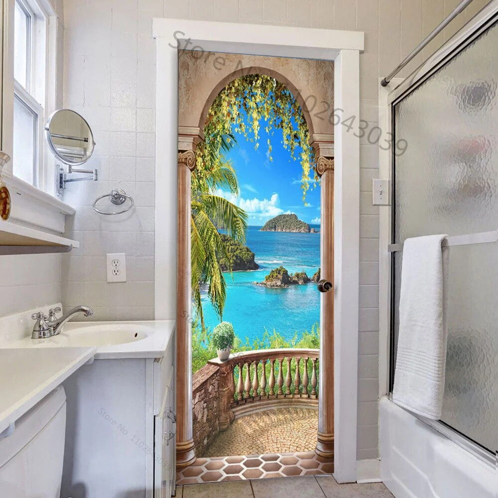 Curtain Outside Sea Door Stickers Beach Adhesive Mural Decoration ...