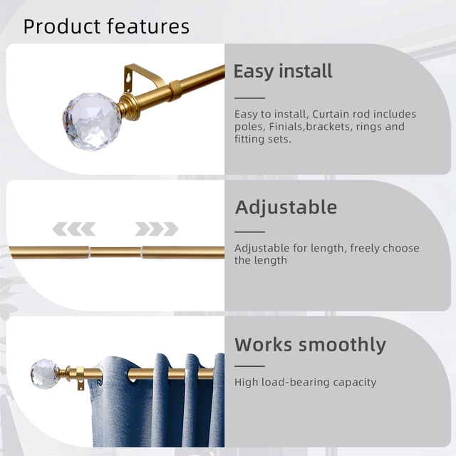 Curtain Rod Gold Extendable Curtain Rod 48" to 86" Adjustable Curtain ...