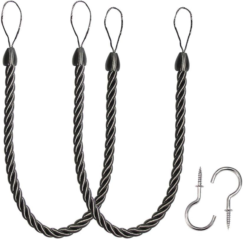 Curtain Rope Tiebacks, Drapery Rope Holdbacks with 4 Metal Screw Hooks ...