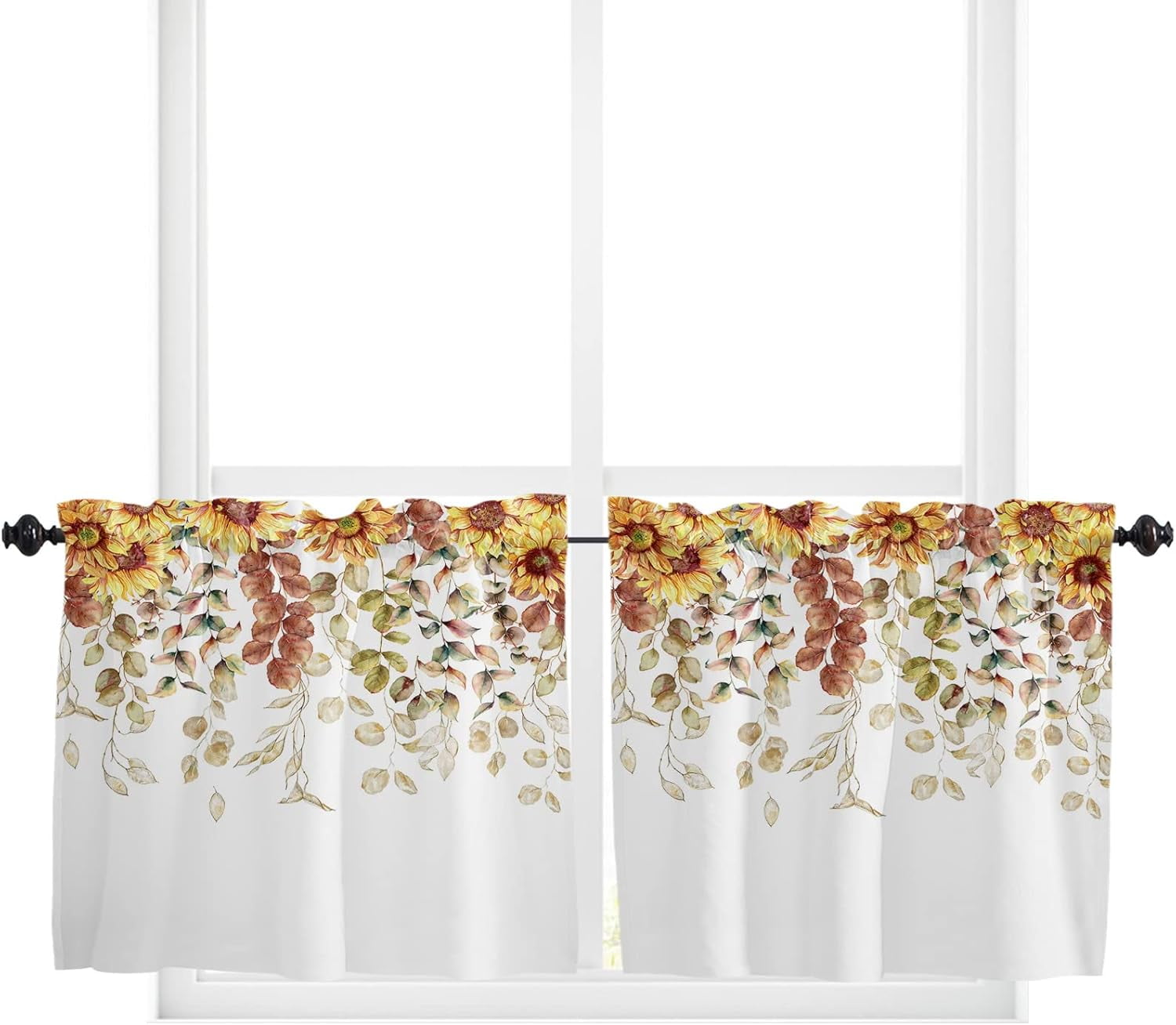 Curtain Tiers Valance, Fall Sunflower Eucalyptus Leaves Thanksgiving ...