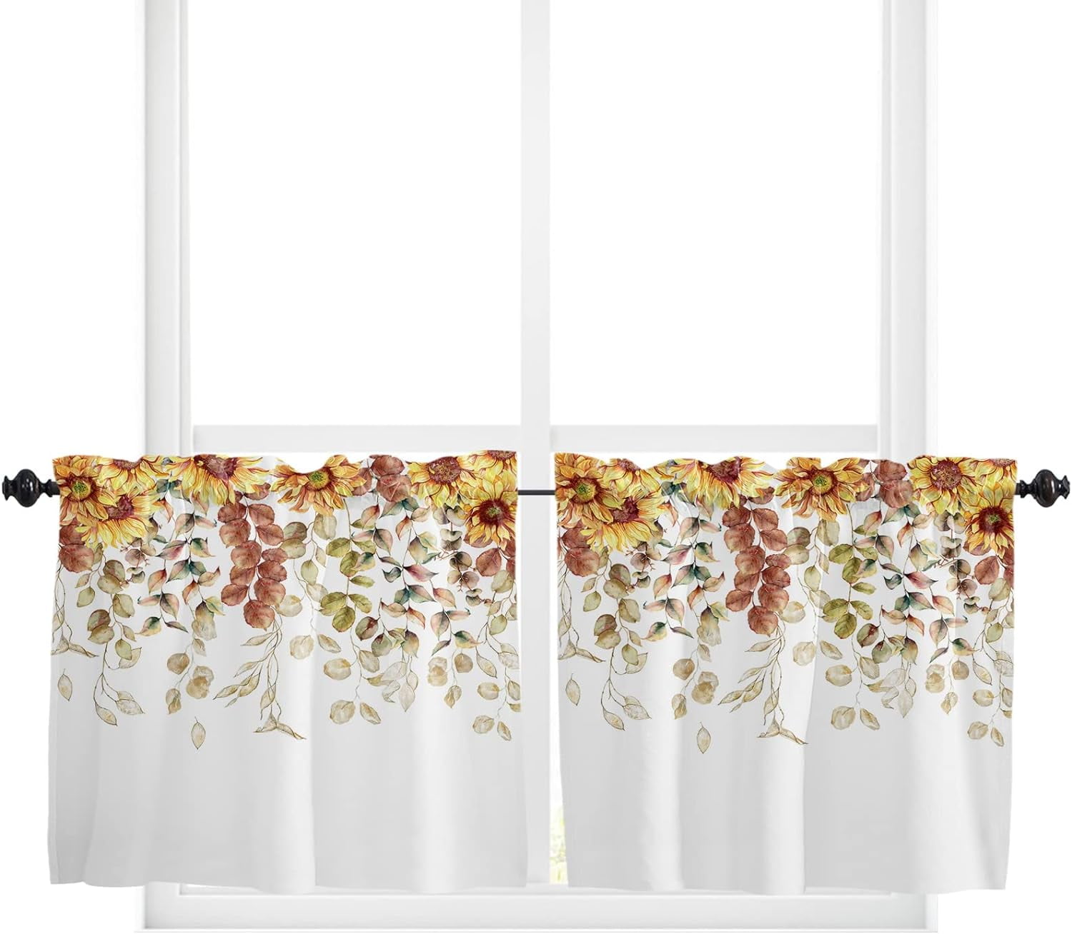Curtain Tiers Valance, Fall Sunflower Eucalyptus Leaves Thanksgiving ...