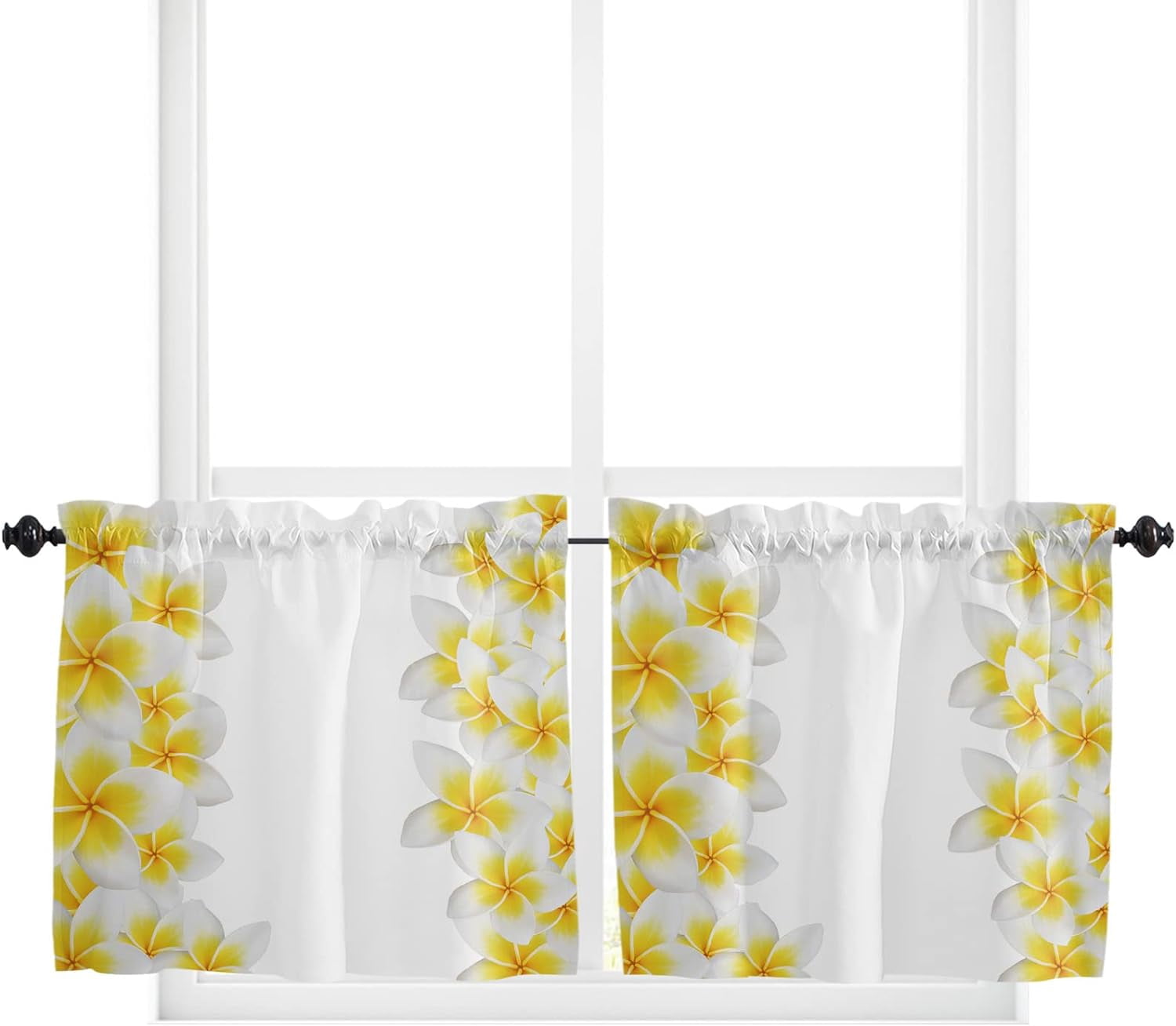 Curtain Tiers Valance, Yellow Plumeria Flower Pattern White Background ...