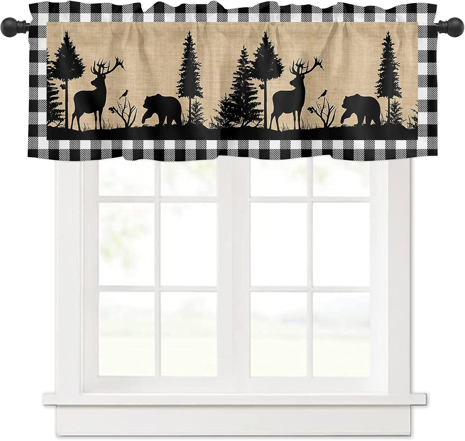 Curtain Valance, Christmas ELK Pine Trees Reindeer Silhouettes White ...