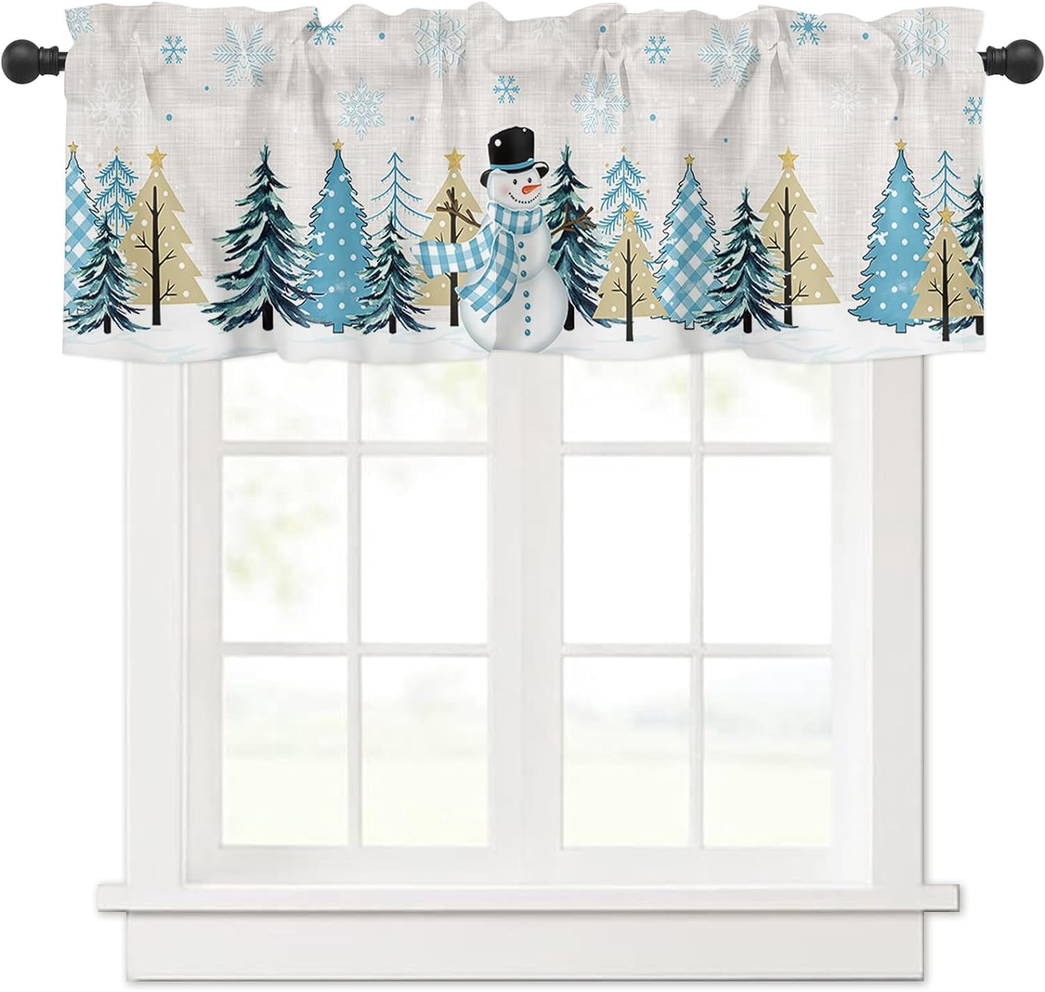 Curtain Valance, Christmas Tree Snowman Winter Snowflake Blue Plaid Rod ...