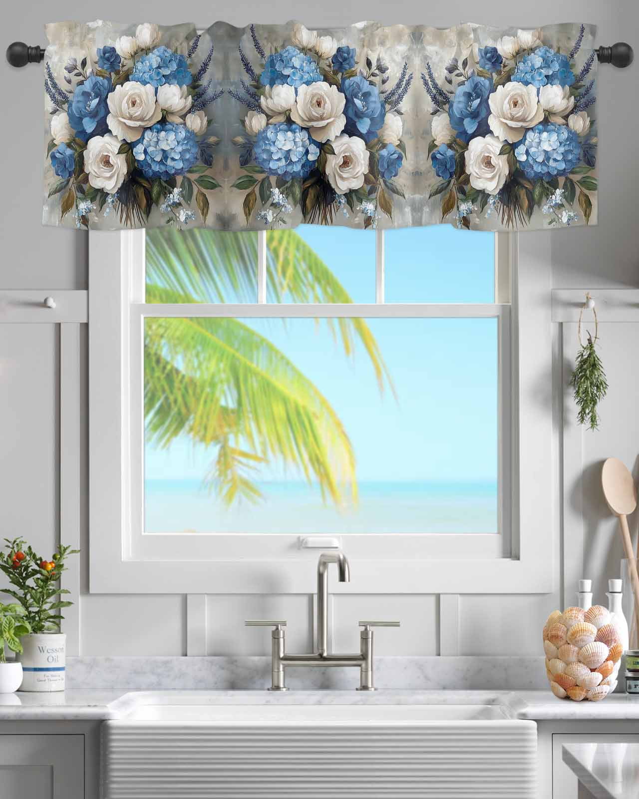 Curtain Valance, Country Blue Flower Hydrangeas Rod Pocket Short Window ...