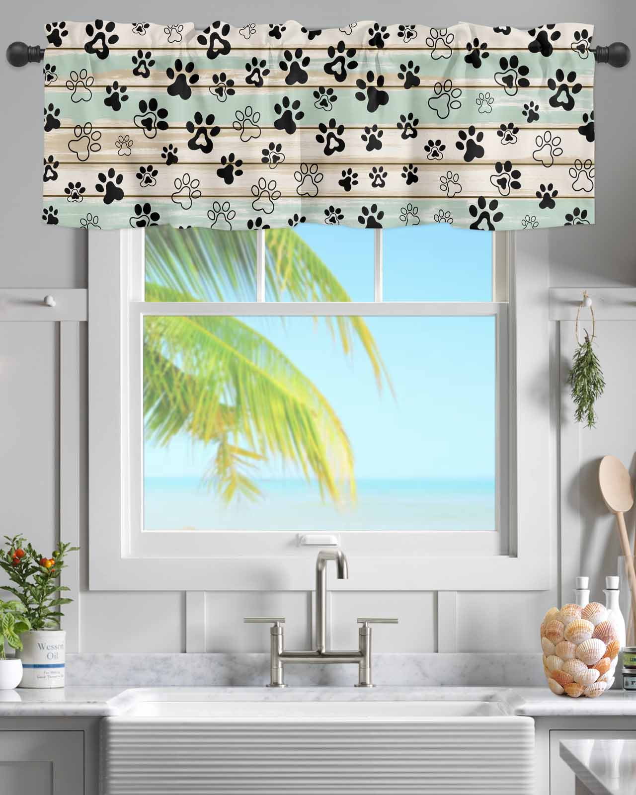 Curtain Valance, Farm Wood Board Dog Paw Rod Pocket Short Window ...