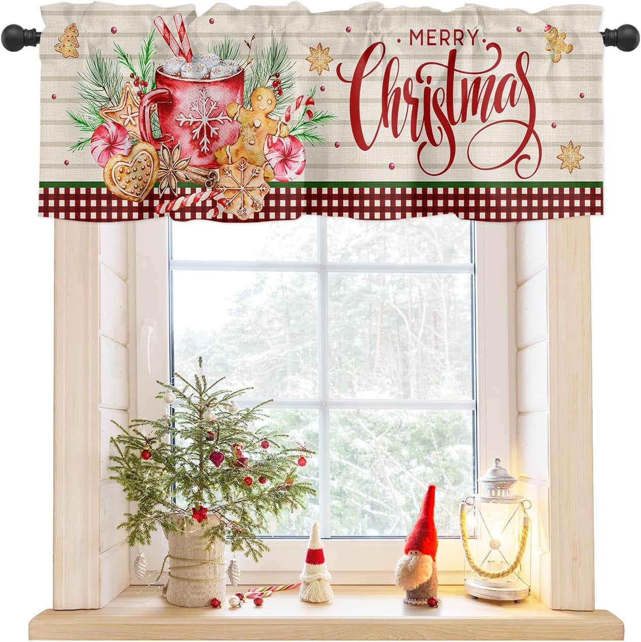 Curtain Valance, Merry Christmas Hot Coco Biscuit Red Check Pine ...